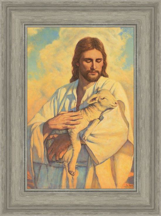 In His Arms by Del Parson features Jesus Christ in a white robe holding ...