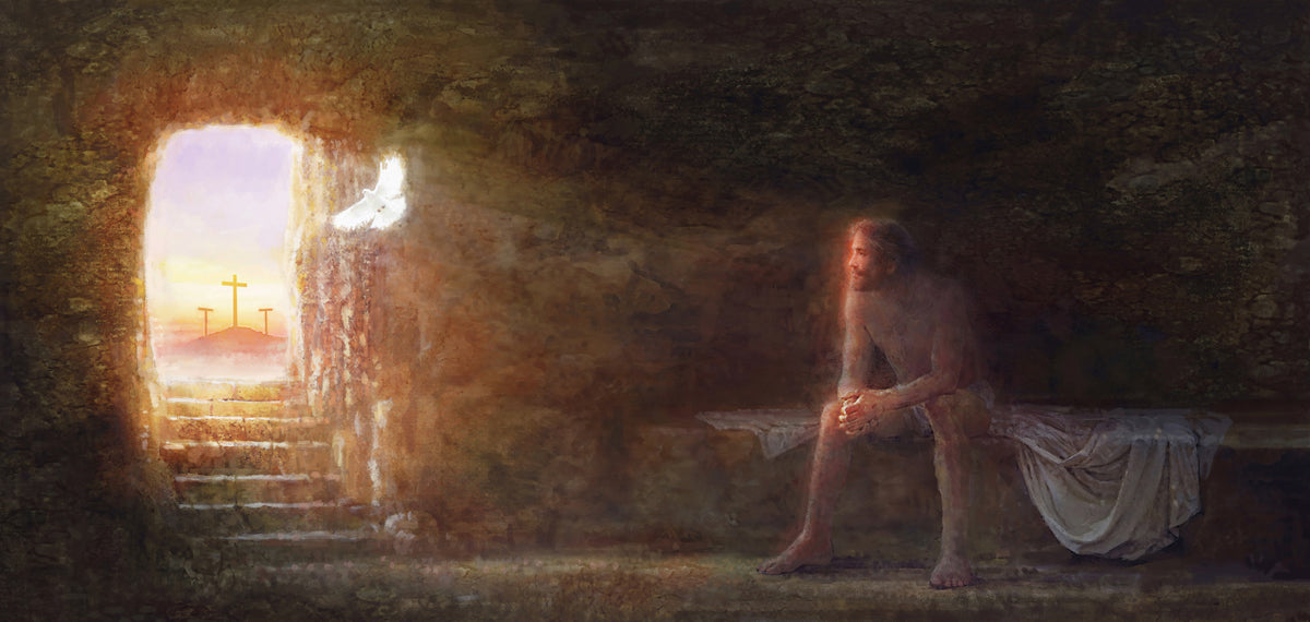 Risen by Yongsung Kim jesus christ sitting on stone bench in rock tomb ...